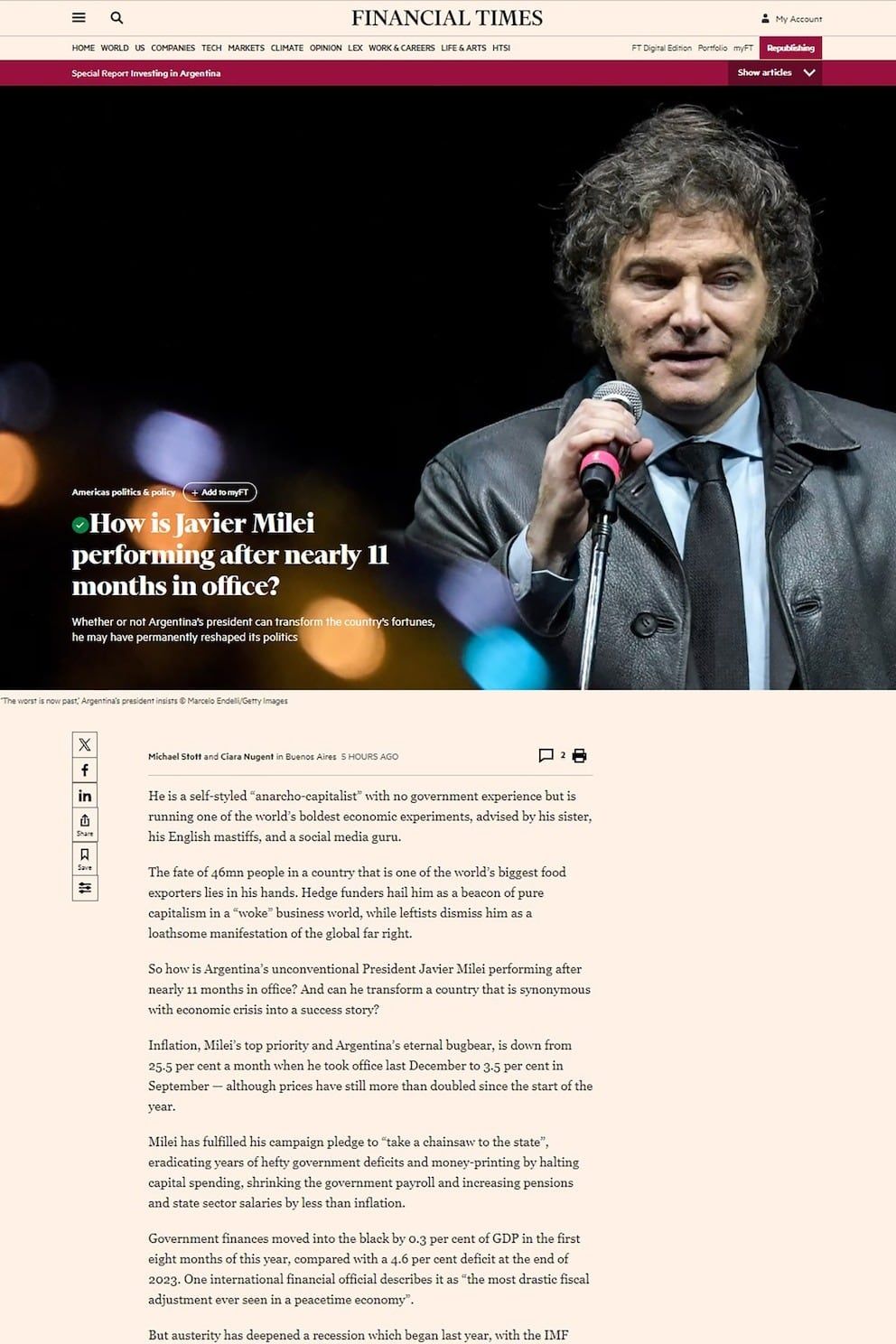 Financial Times habló de los logros y riesgos del “experimento” Milei: qué pasa con las ...