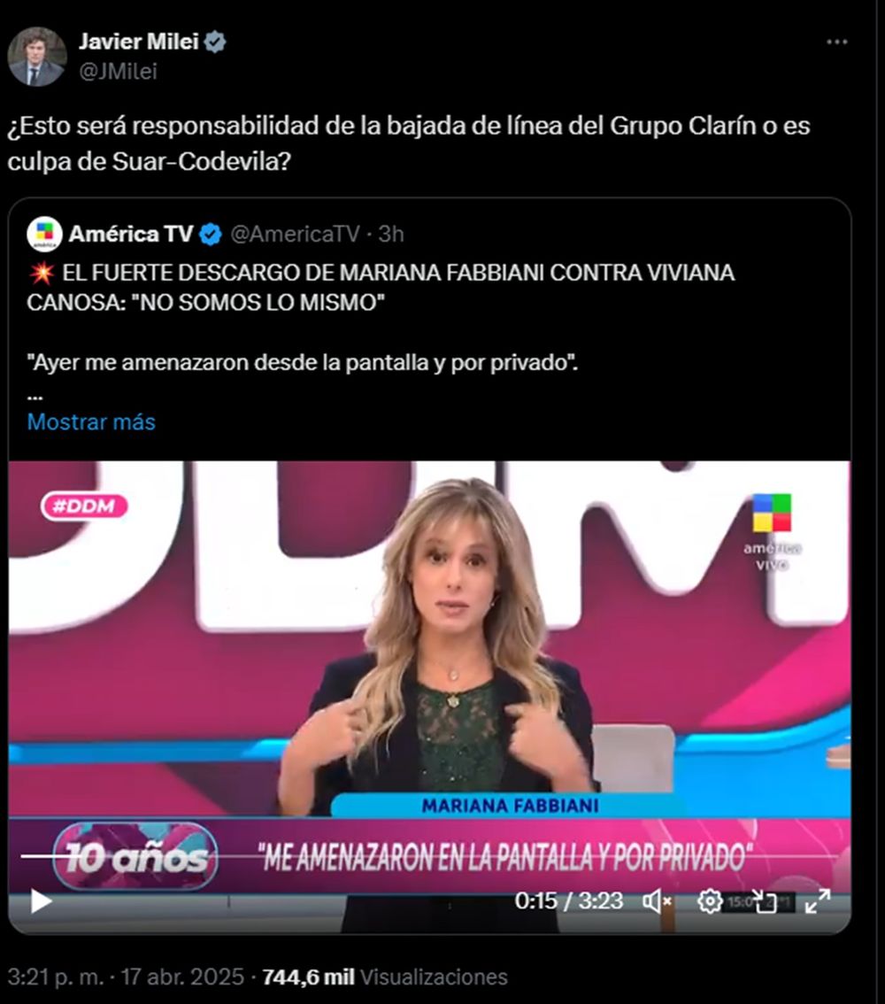 Javier Milei se metió en el escándalo Canosa-Fabbiani y apuntó contra ...