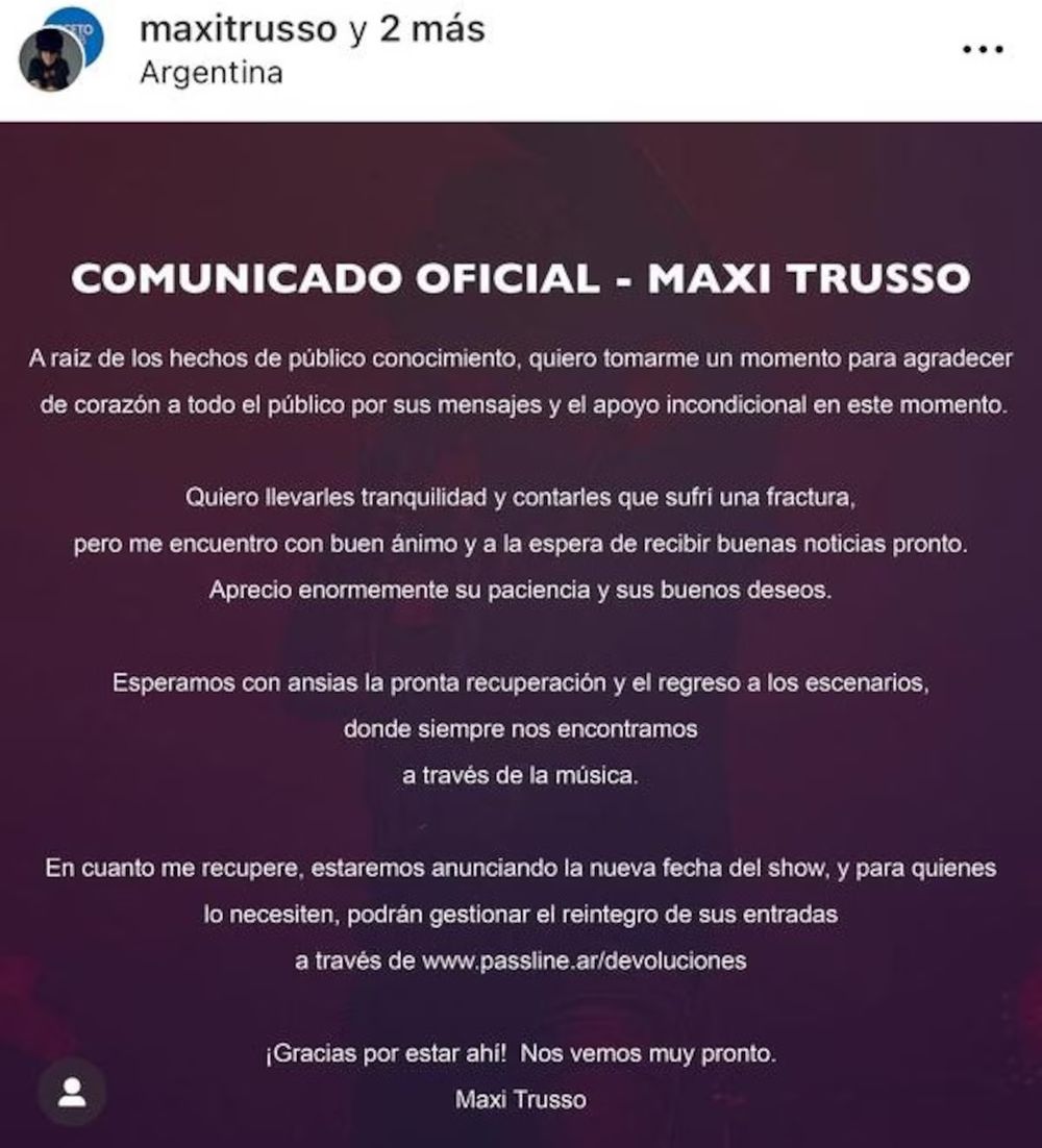 Maxi Trusso habló luego del grave accidente que sufrió durante su show ...