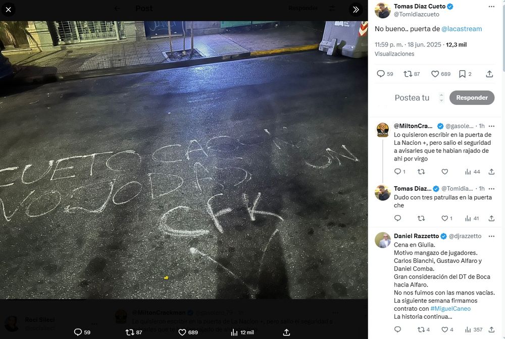 Vandalizaron la puerta de otro canal de streaming en defensa de CFK y en contra Tomás Díaz Cueto