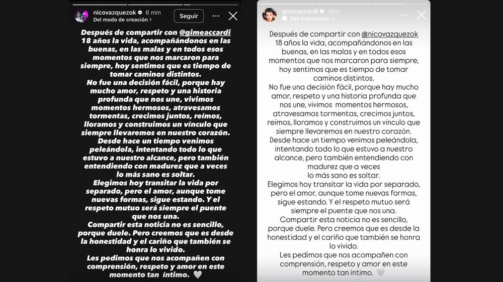 Nico Vázquez y Gimena Accardi anunciaron por sorpresa su separación tras 18 años en pareja